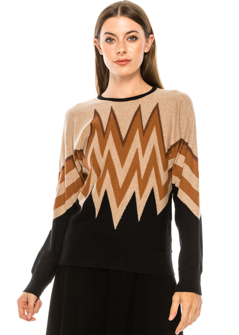 Zigzag pattern sweater in camel and black | Modest Women Clothing - YAL New York